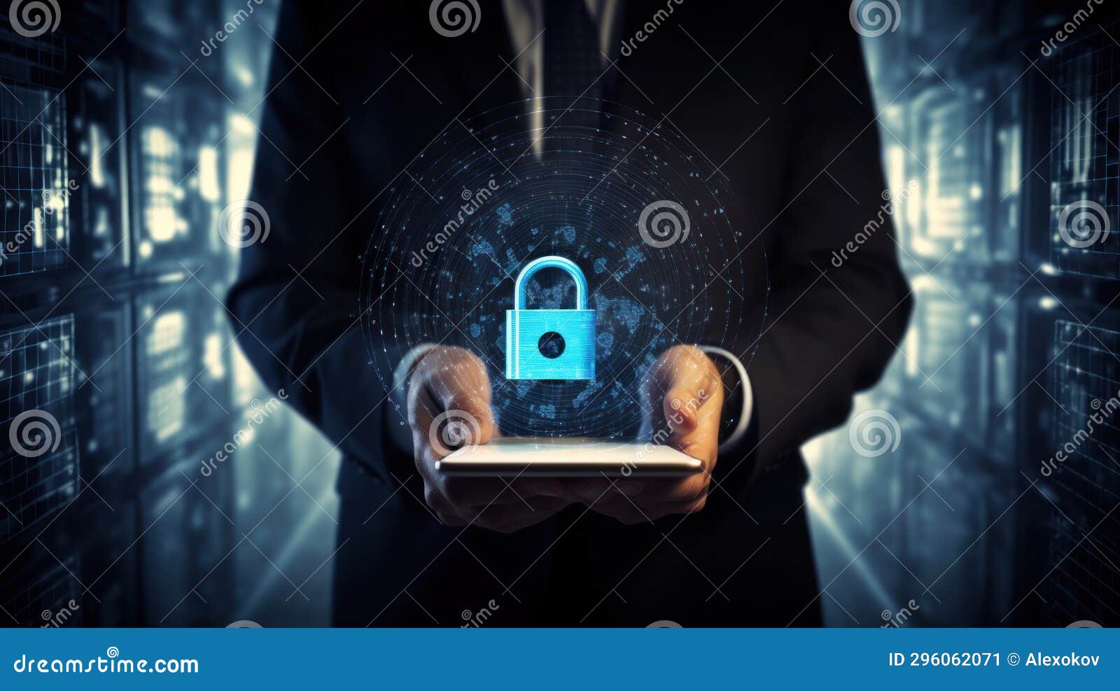 Cyber Security Concept with Businessman Holding Tablet Computer and ...