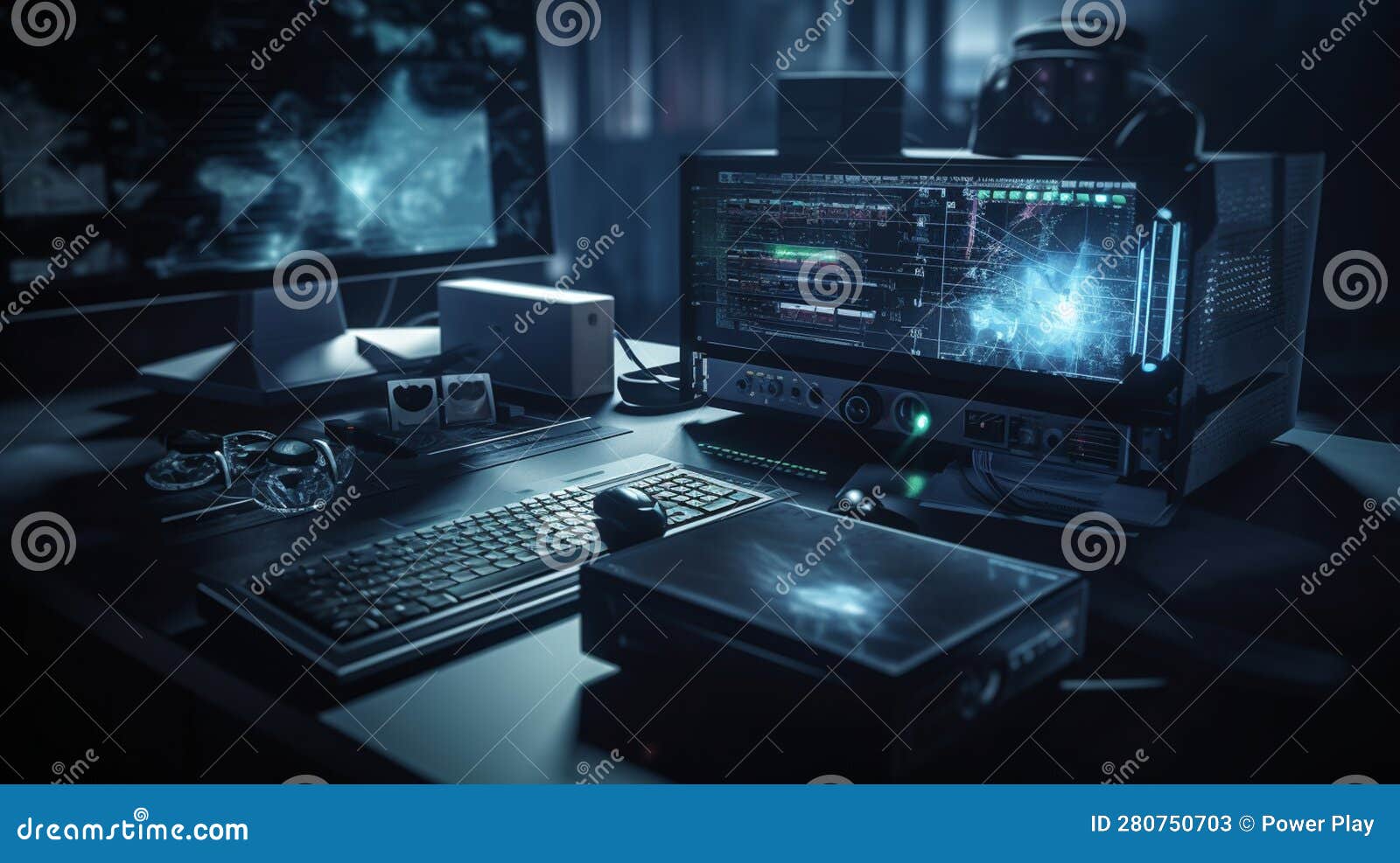 Cyber Security Concept. Dark Room with Computer and Equipment Stock ...