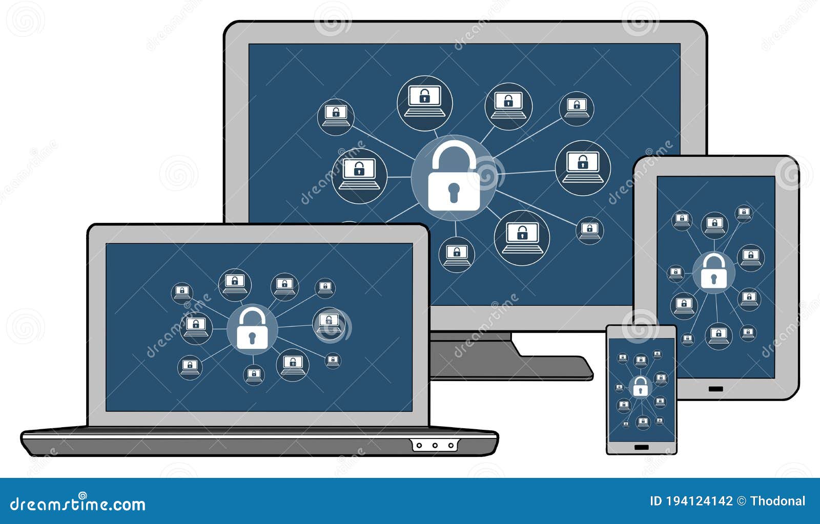 Cyber Security Concept on Different Devices Stock Illustration ...