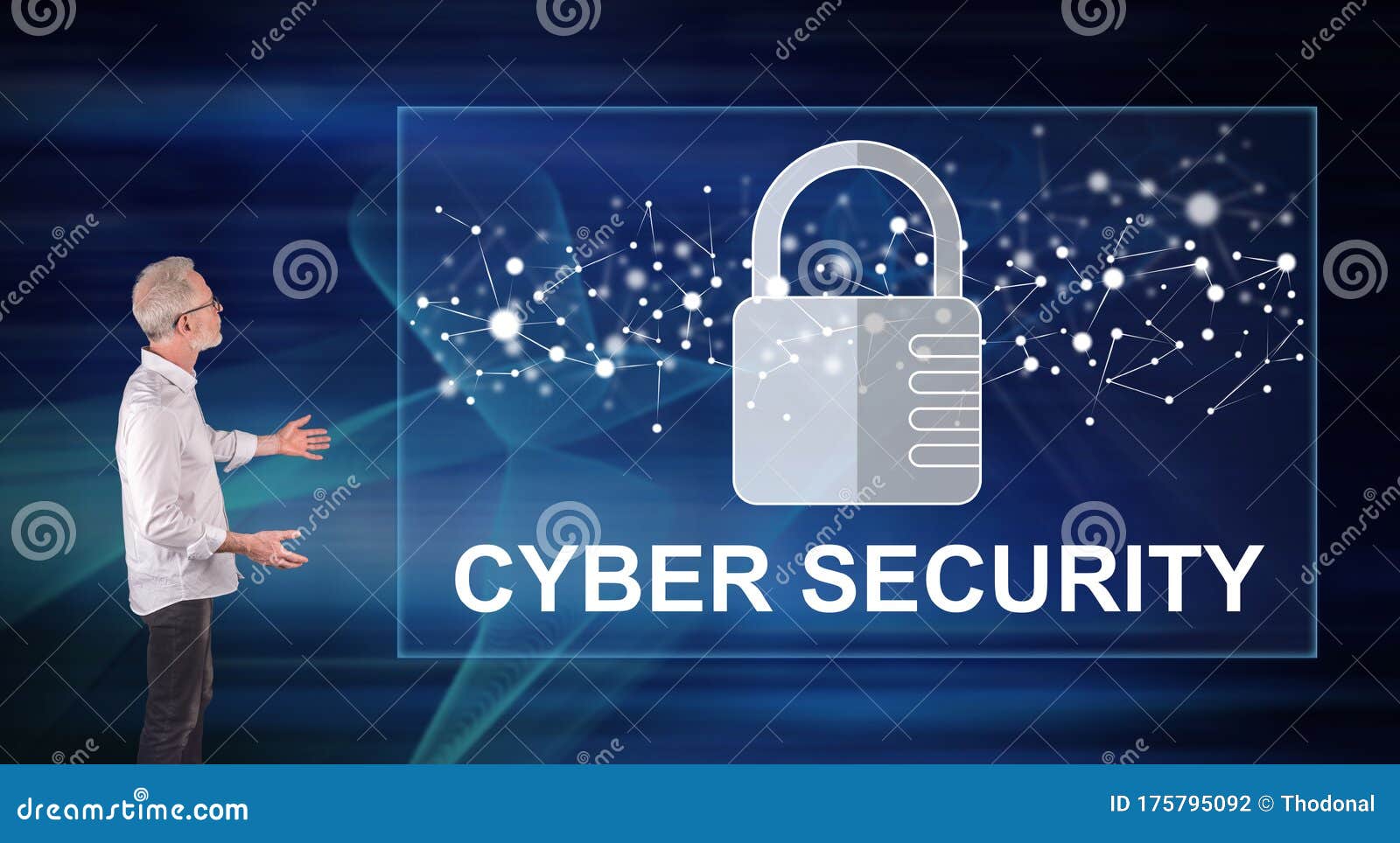 A Cyber Security Concept Explained by a Businessman on a Wall Screen ...