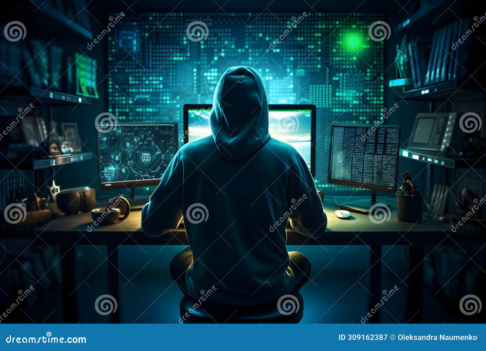 Cyber Security Concept - Figure in a Hoodie Sitting in Front of a ...