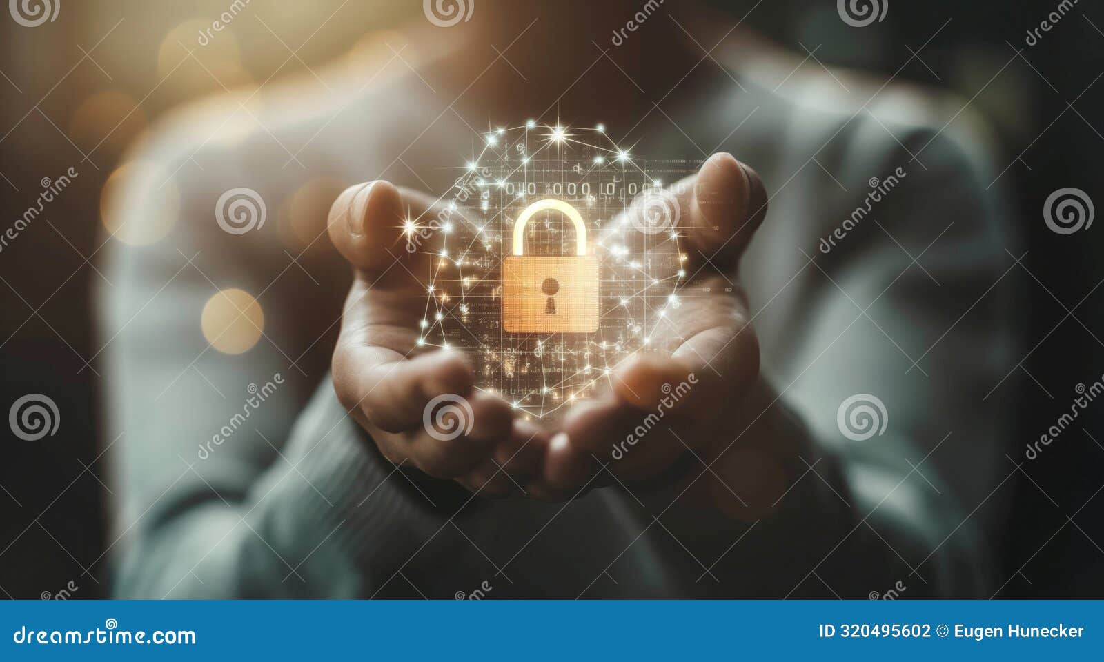 Cyber Security Concept: Hands Holding Digital Lock Symbol with Network ...