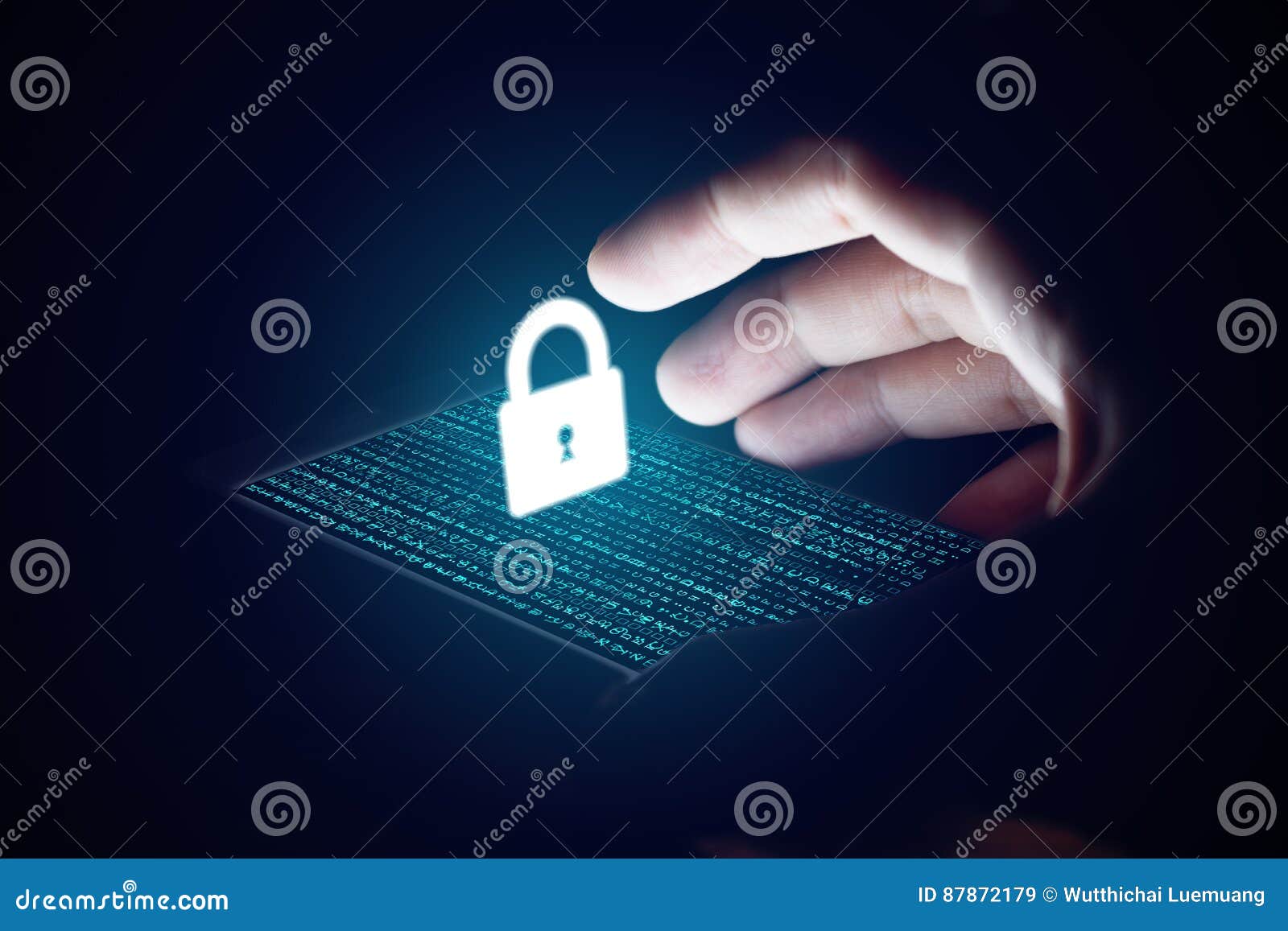 Cyber Security Concept, Man Hand Protection Network with Lock Icon and ...