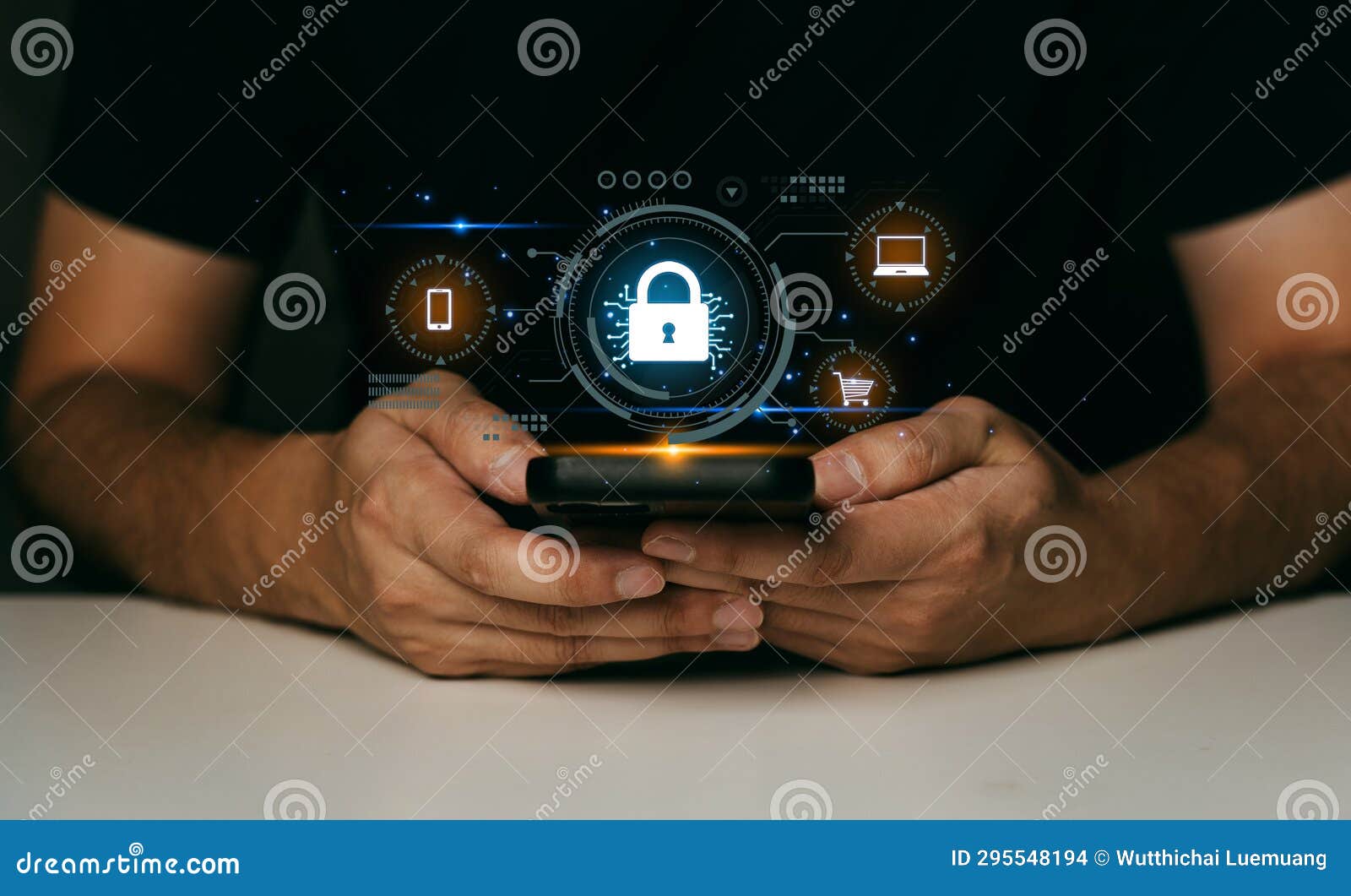 Cyber Security Concept, Man Hand Protection Network with Lock Icon and ...