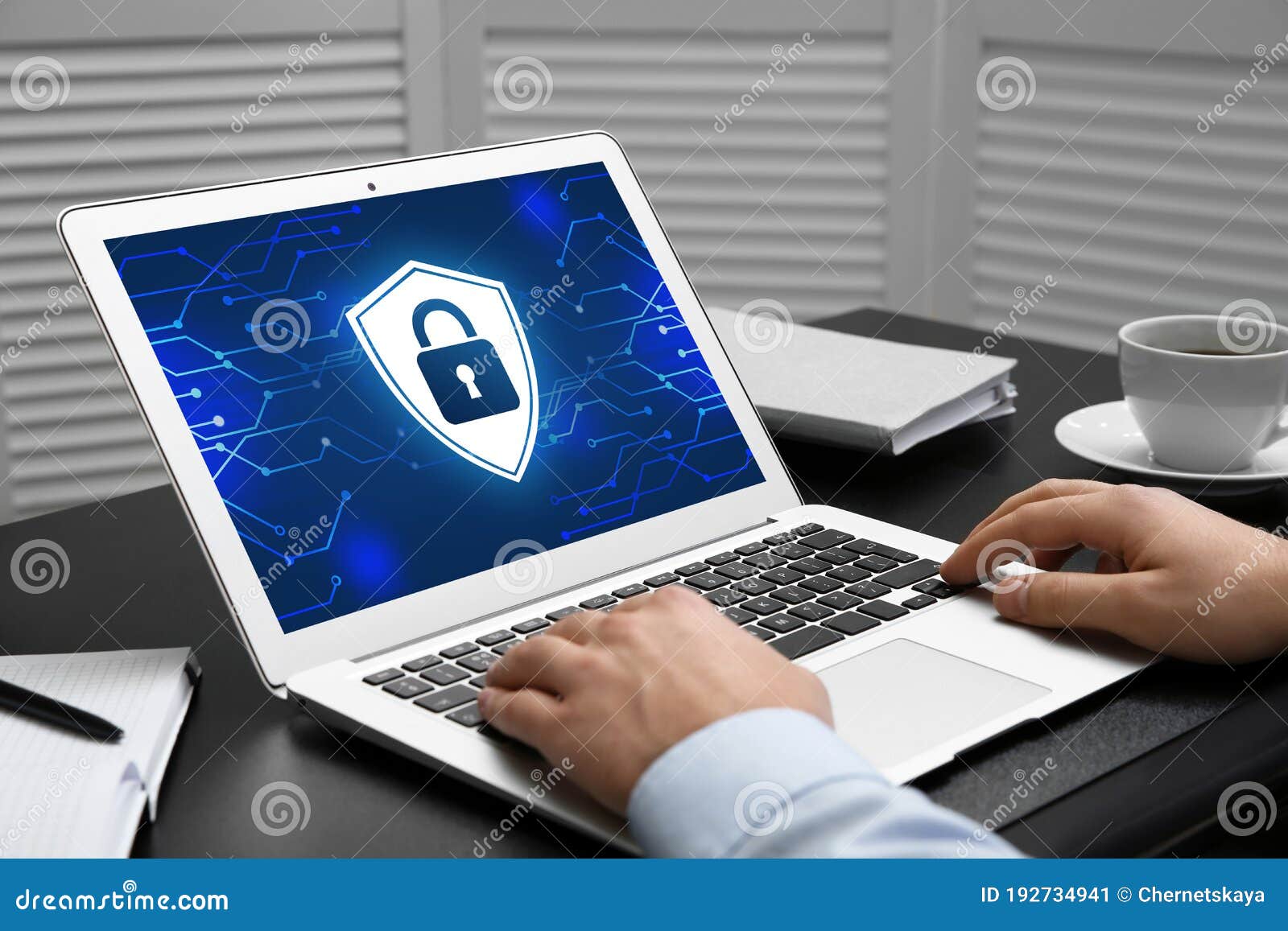 Cyber Security Concept. Man Using Application on Laptop Stock Image ...