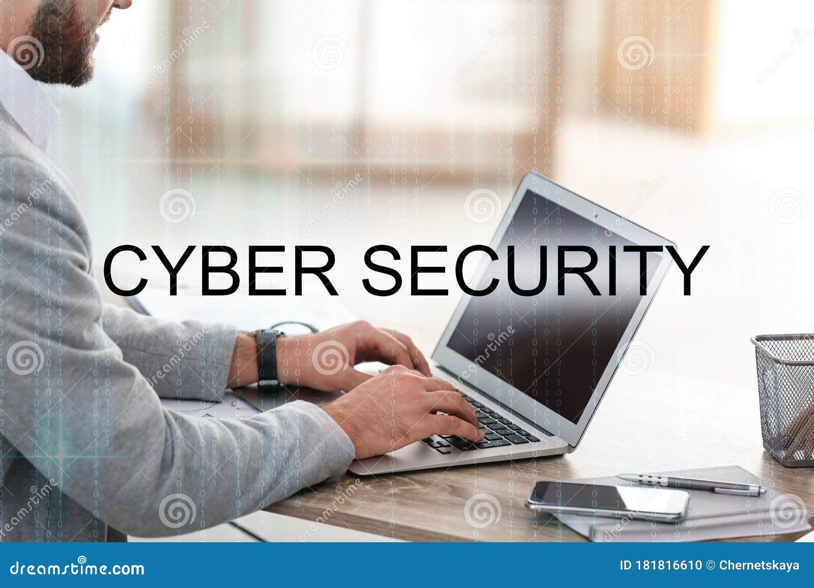 Cyber Security Concept. Man Working with Laptop at Table, Closeup Stock ...