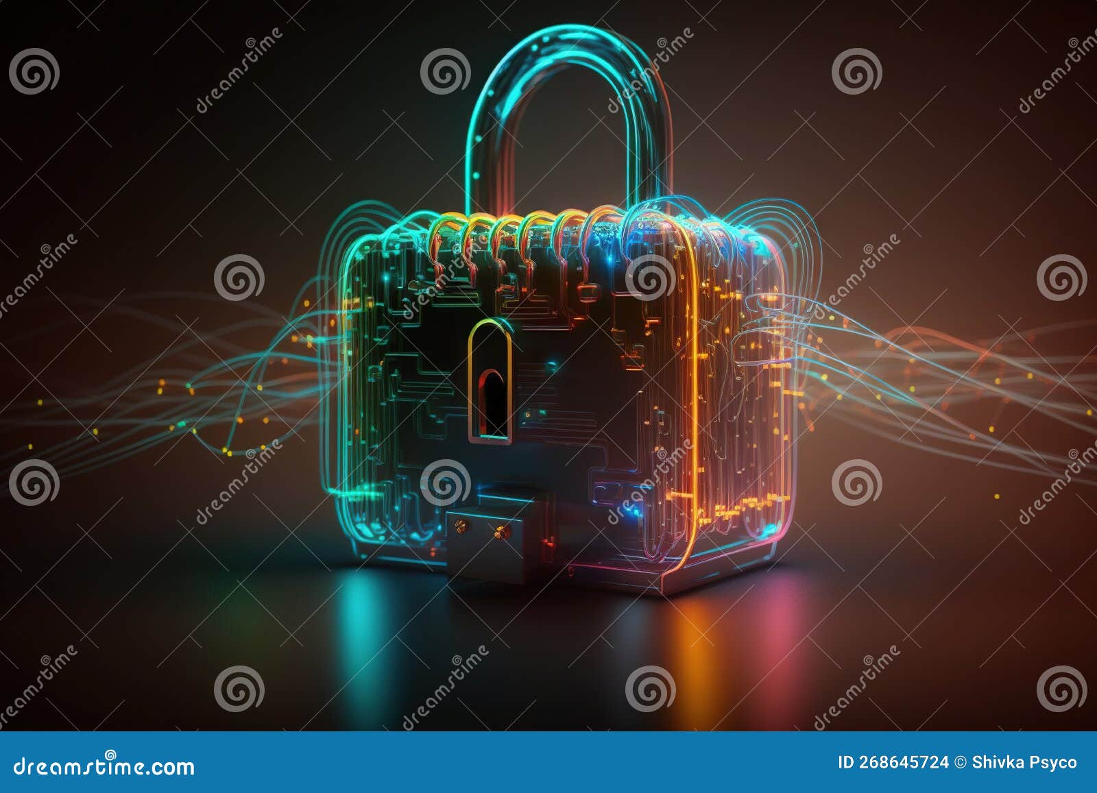 Cyber Security Concept Neon Padlock with Intercom Stock Illustration ...