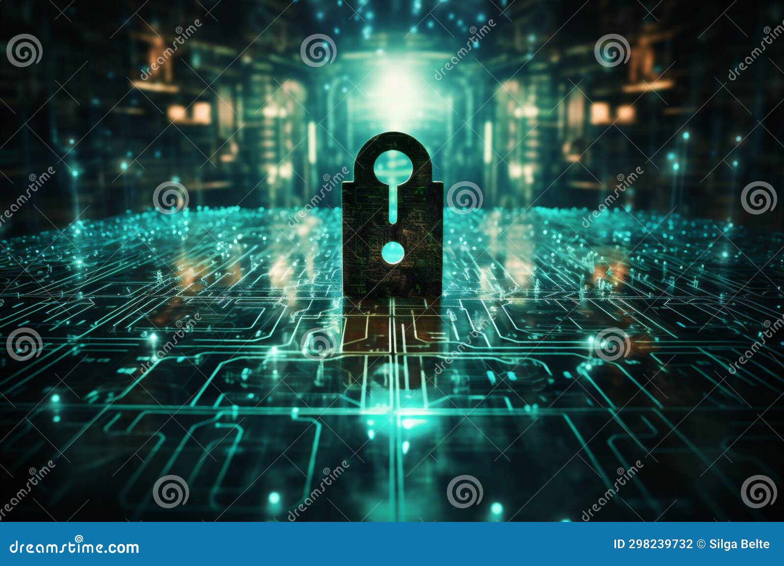 Cyber Security Concept with Padlock on Computer Chip Boards in Neon ...