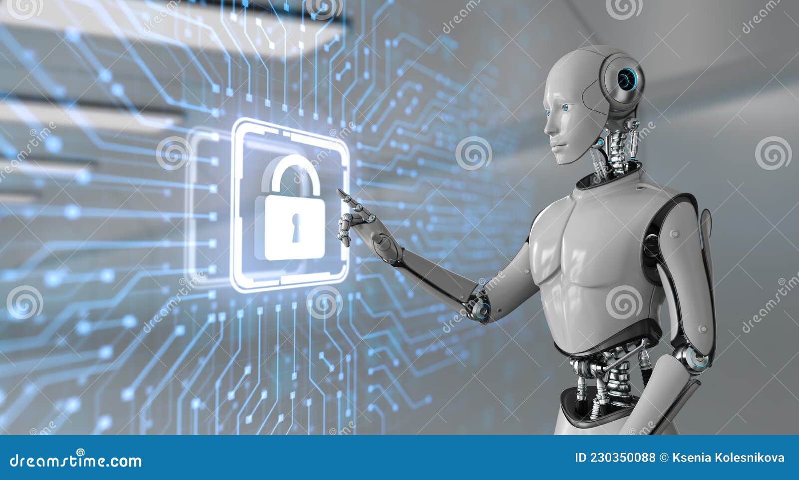 Cyber Security Concept. Robot Pressing Button on Screen 3d Render Stock ...