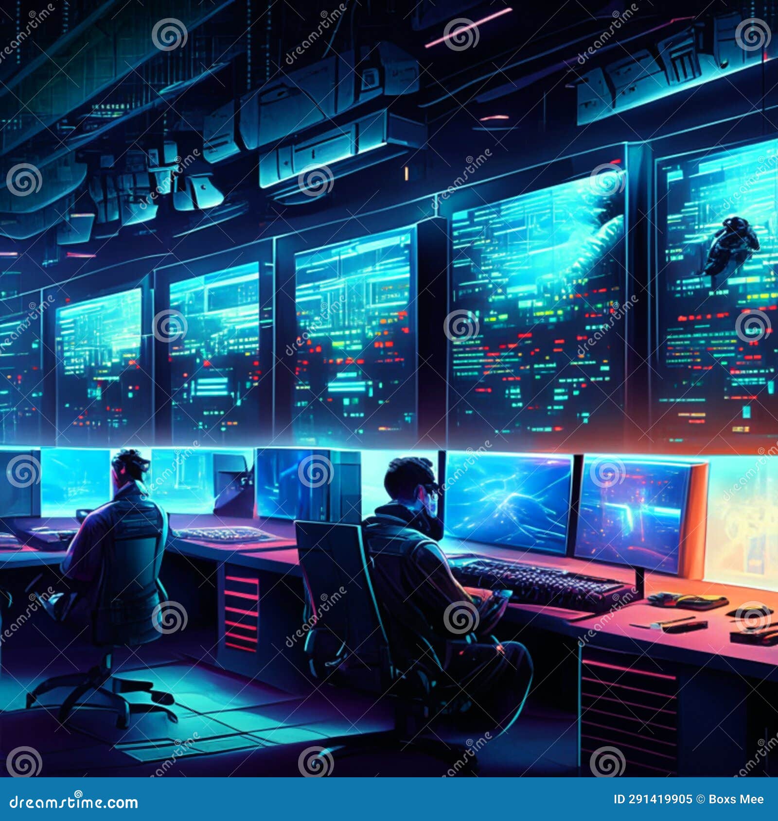 Cyber Security Concept. Team of Security Guards in Surveillance Room ...