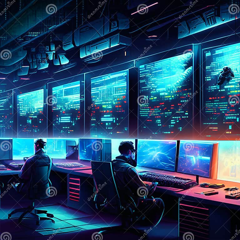 Cyber Security Concept. Team of Security Guards in Surveillance Room ...