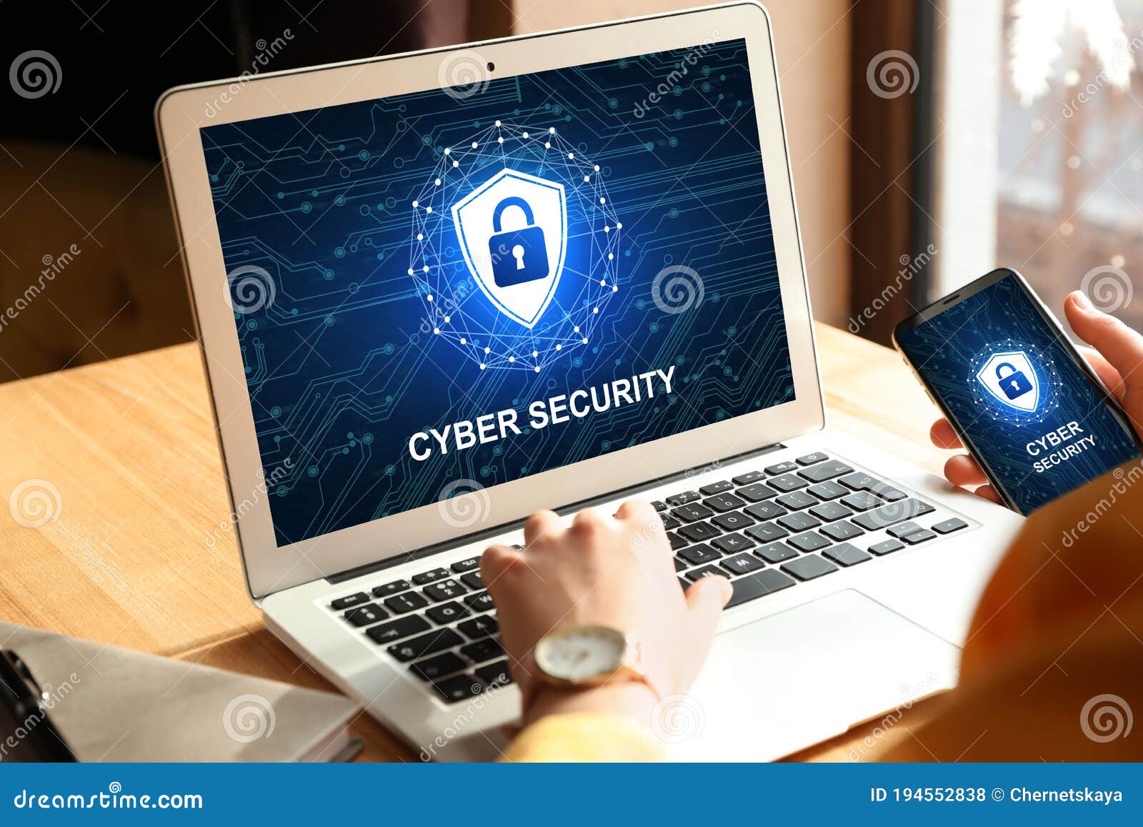 Cyber Security Concept. Woman Using Application on Laptop and Phone ...