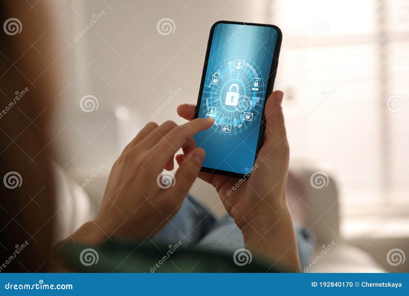 Cyber Security Concept. Woman Using Application on Phone Stock Photo ...