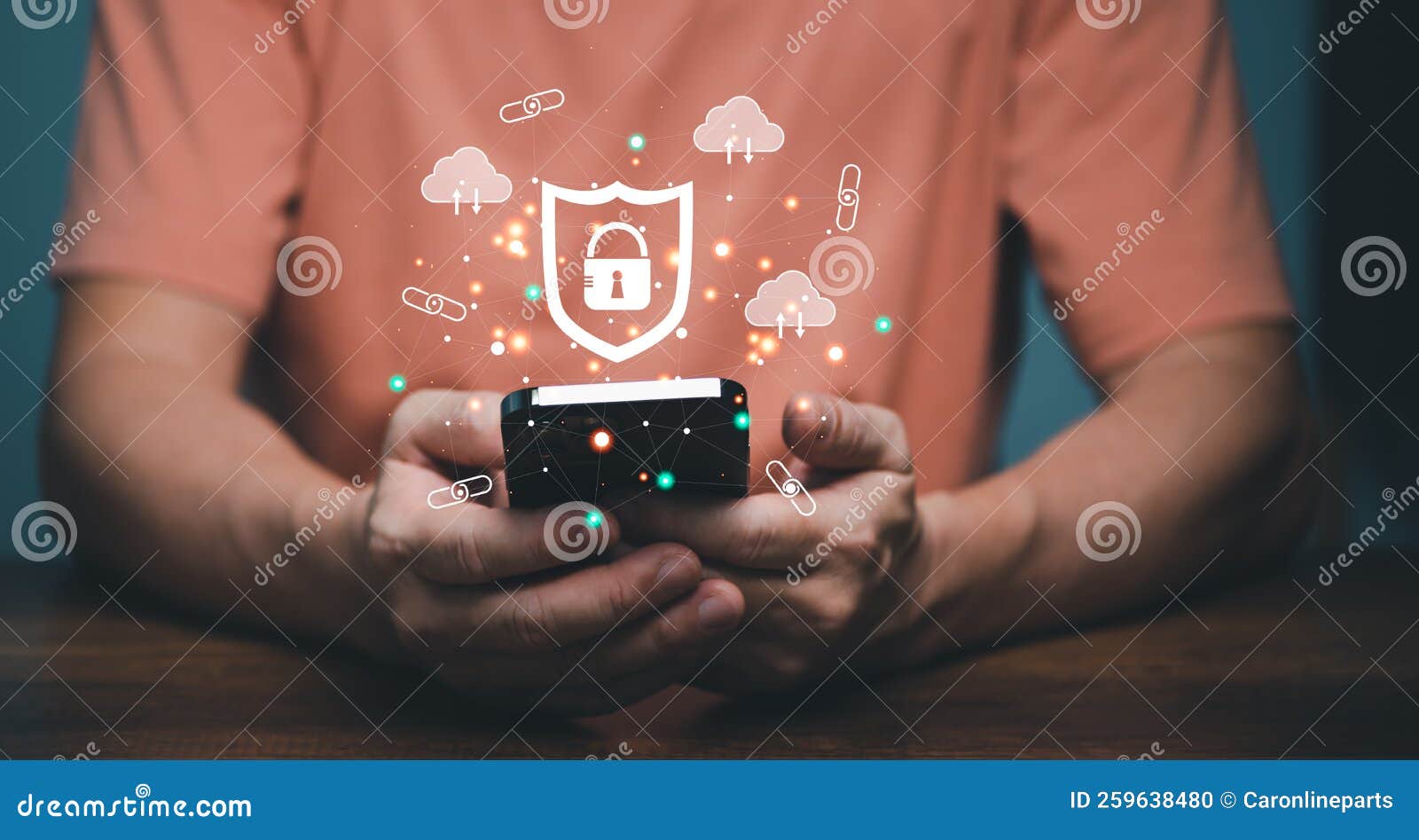 Cyber Security Connection Shield Technologies Background, Human Finger Touching on Mobile Phone ...