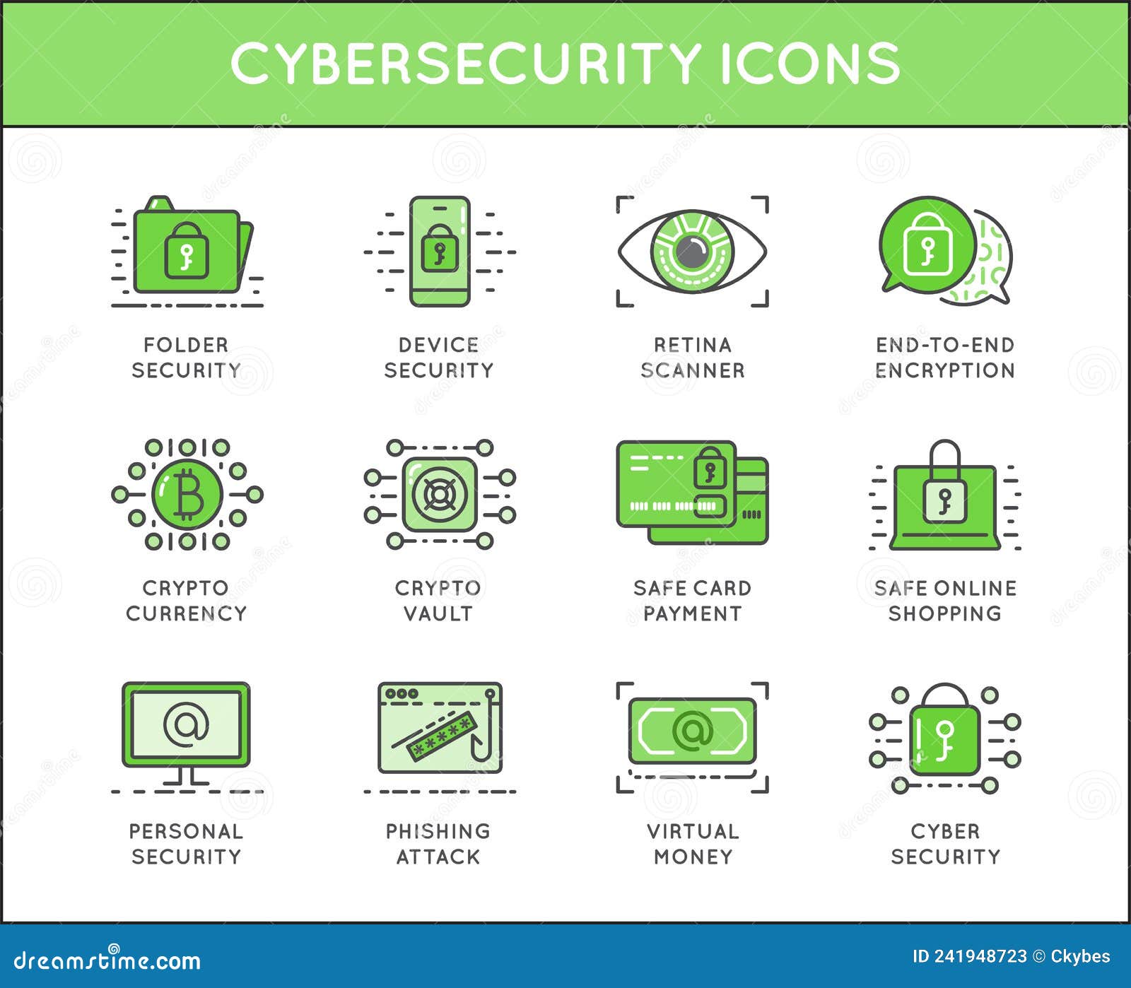 Cyber Security and Cyber Crime Outline Icon Set. Filled with Color ...