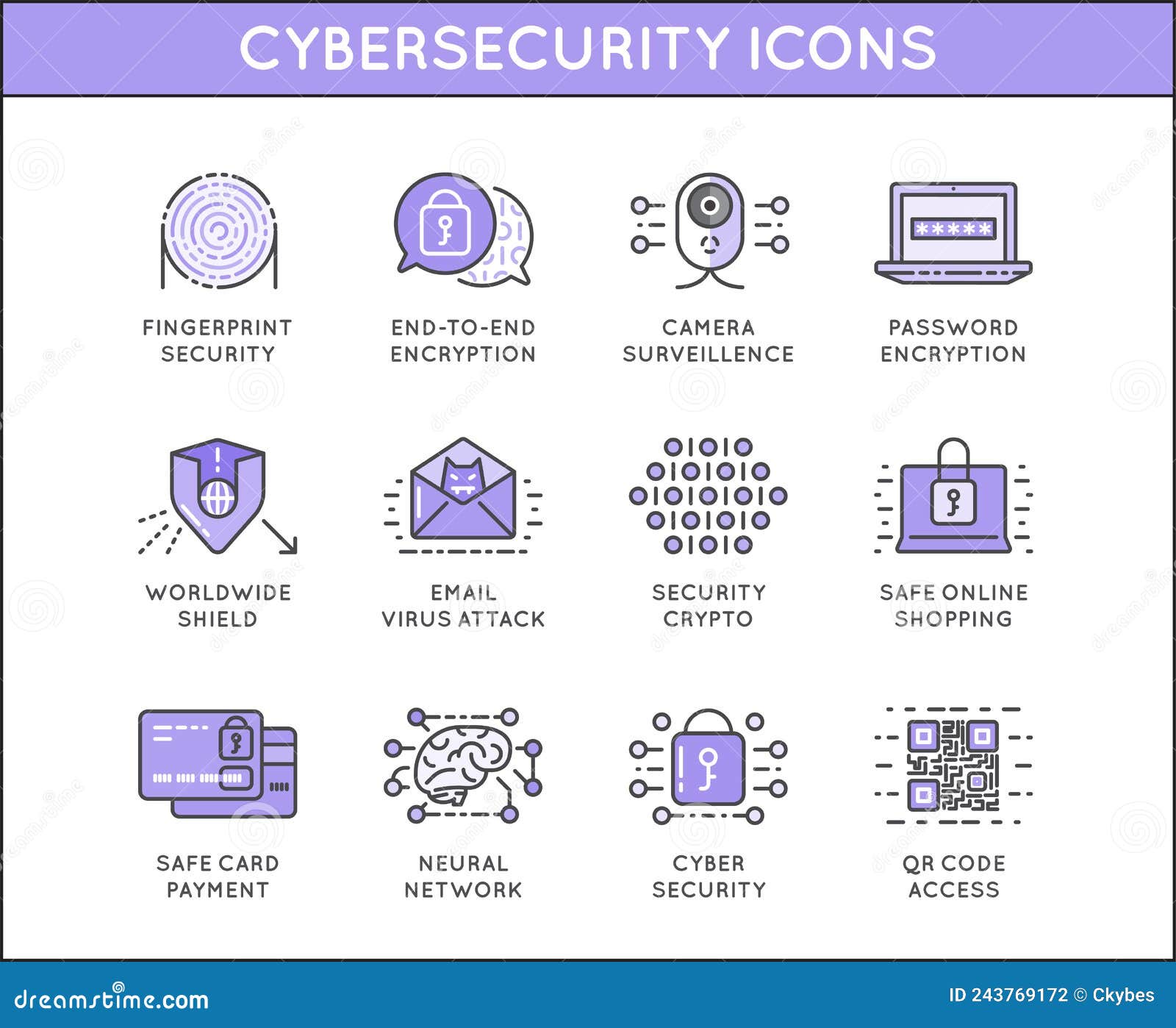 Cyber Security and Cyber Crime Outline Icon Set. Filled with Color ...