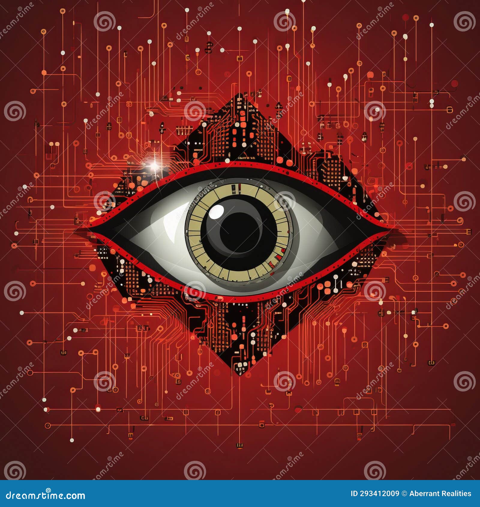 Cyber Security Eye on Red Background Stock Illustration - Illustration ...