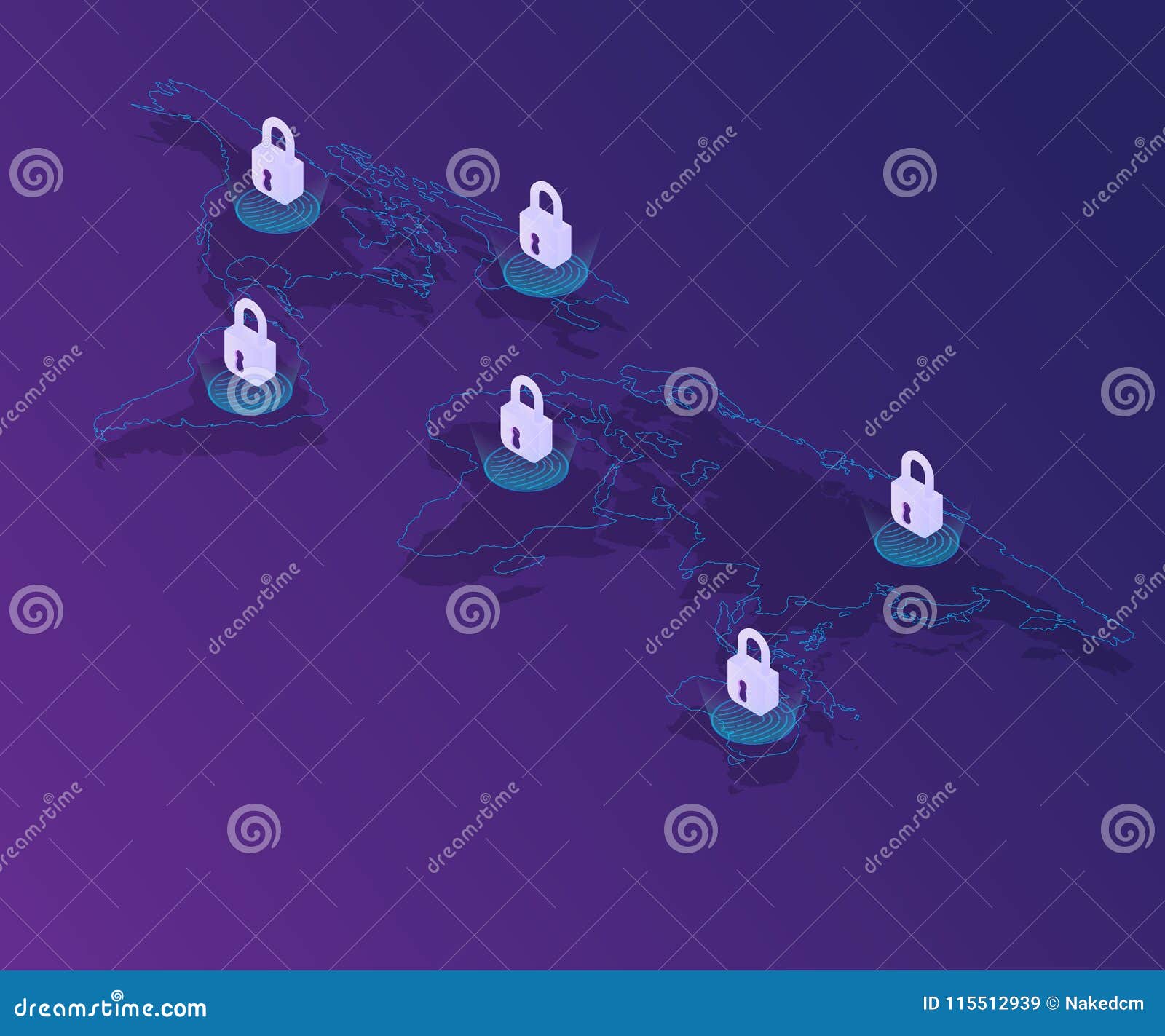 Cyber Security with Fingerprint Lock on World Map Isometric Stock ...