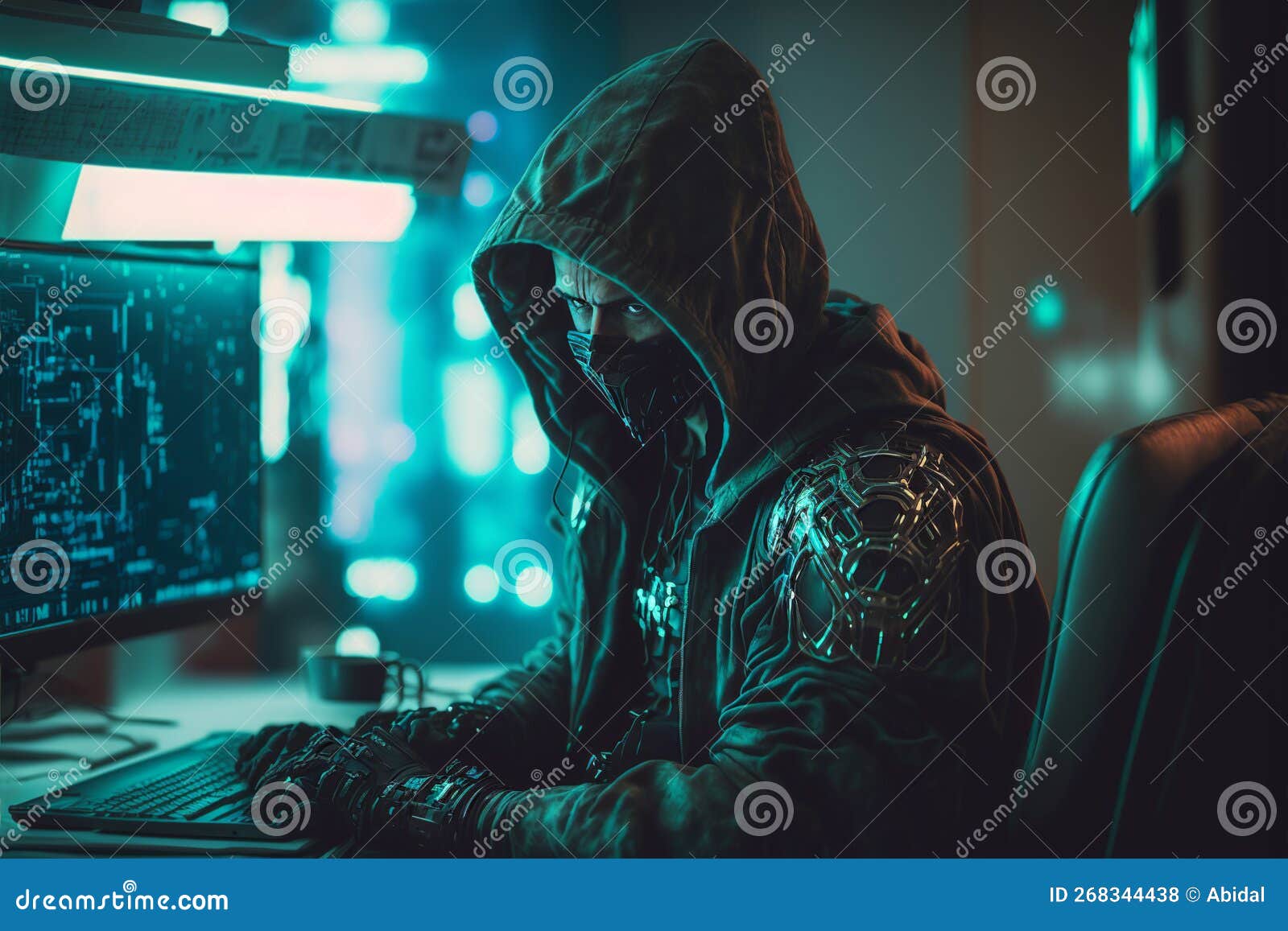 Hacker Hiding His Face Under Hood Trying To Cyber Attack Using Laptop ...