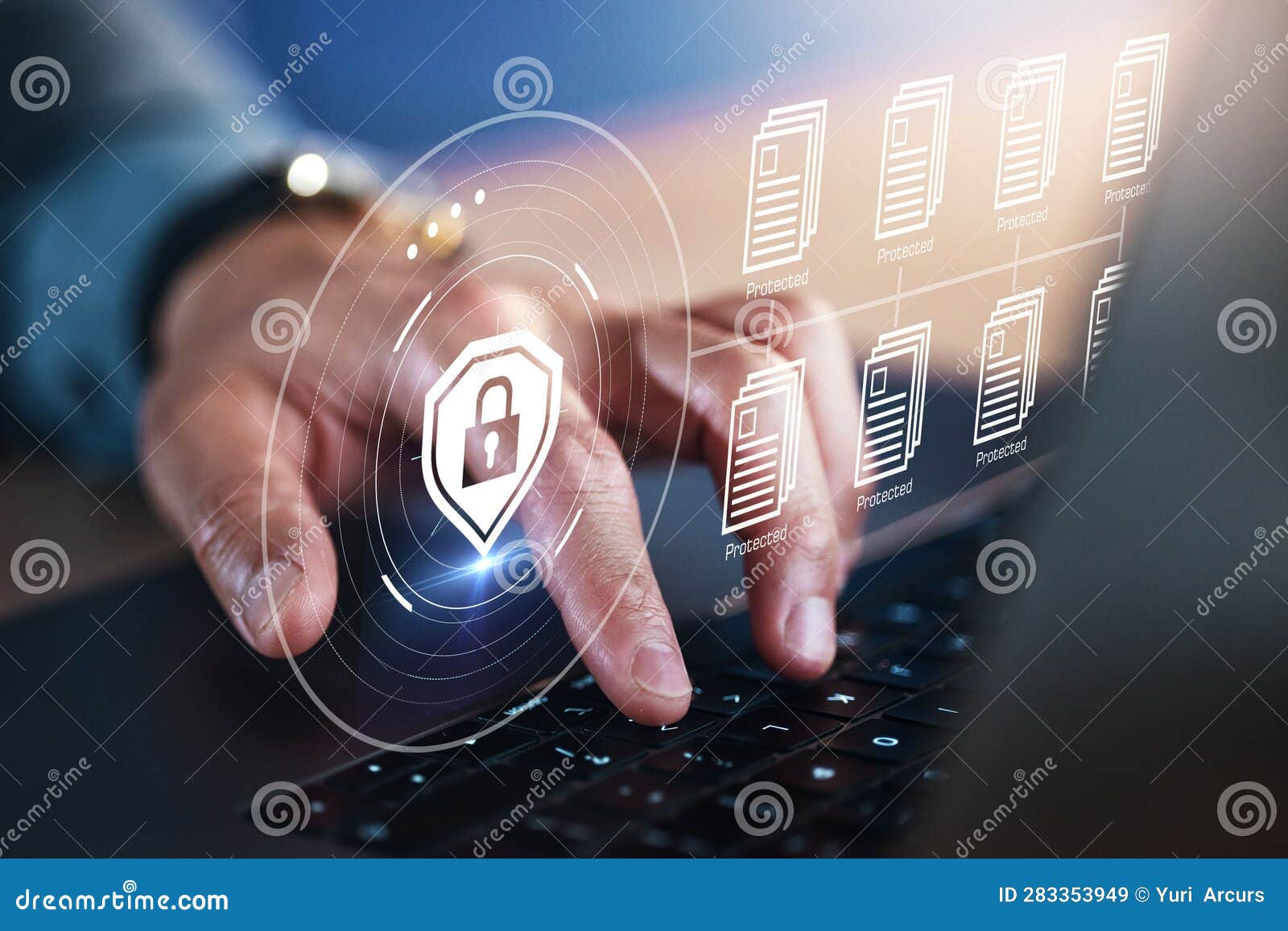 Cyber Security, Hand and Document Encryption on Laptop with Hologram ...