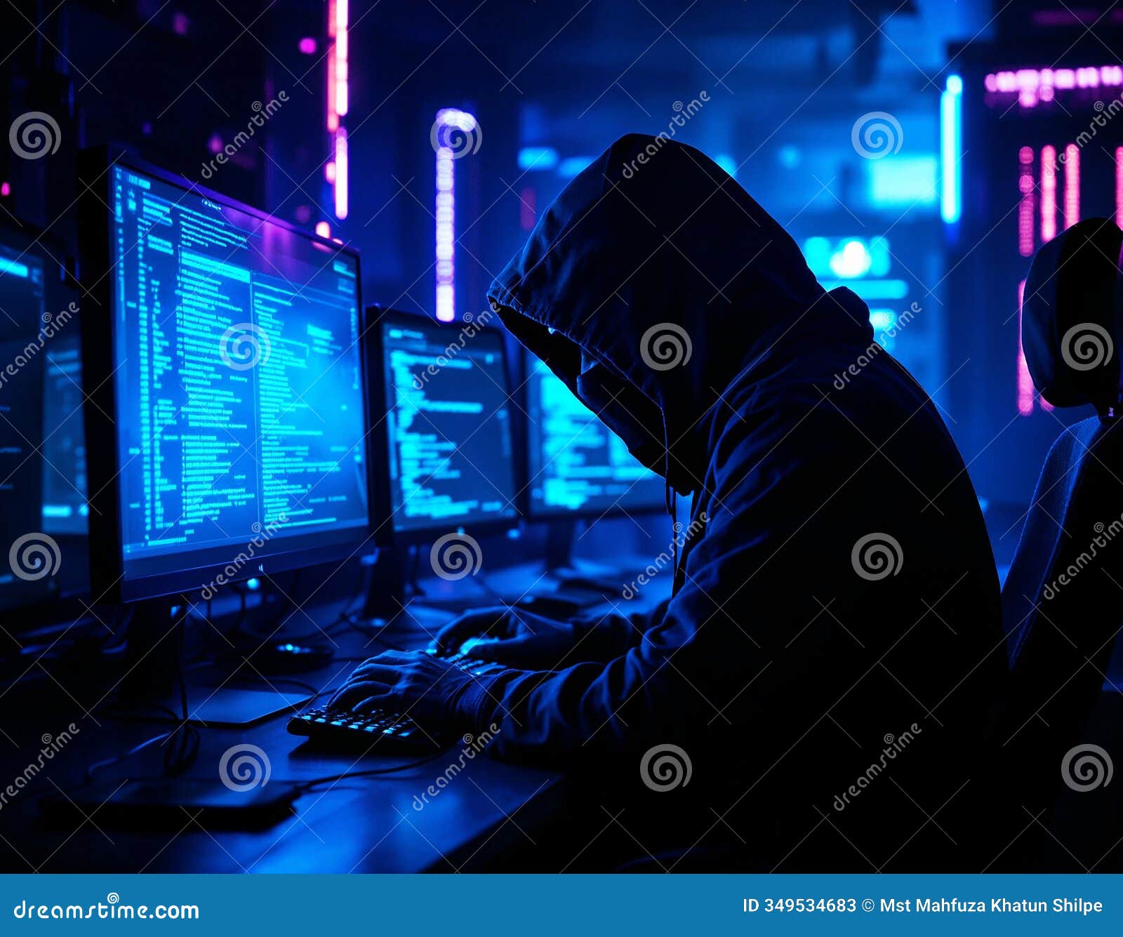 Hacker With Progress Bar On Computers In Dark Room Stock Image ...