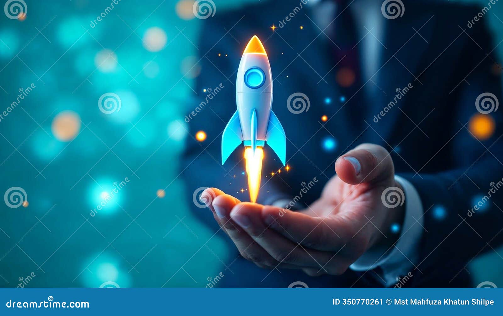 Holographic Rocket Floating Above Hand with Futuristic Space ...