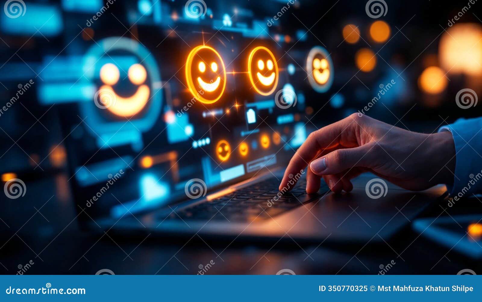 Futuristic Digital Interface with Glowing Emoji Icons and Customer ...