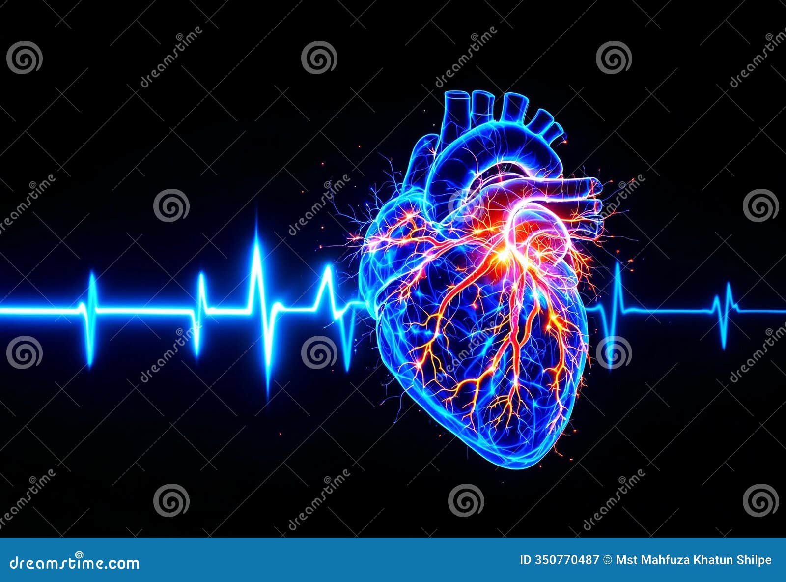 Neon Glowing Anatomical Heart with Electric Blue Heart Rate Line Stock ...