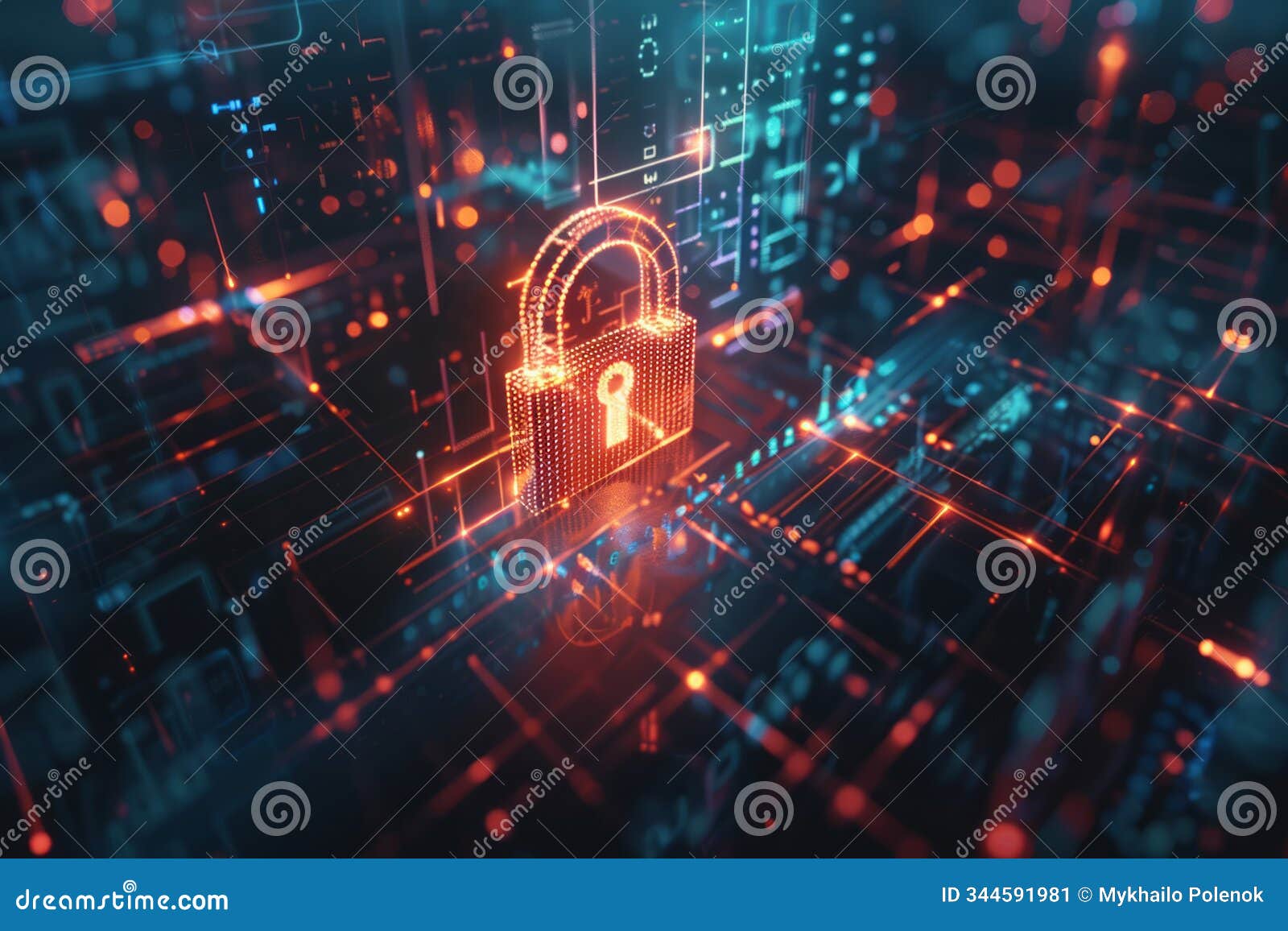 Cyber Security Lock Glowing in Dark Red and Blue Cyberspace Chip ...