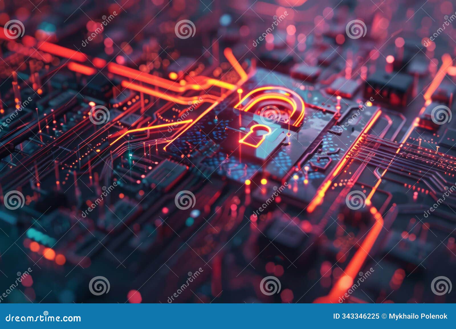 Cyber Security Lock Glowing in Dark Red and Blue Cyberspace Chip ...