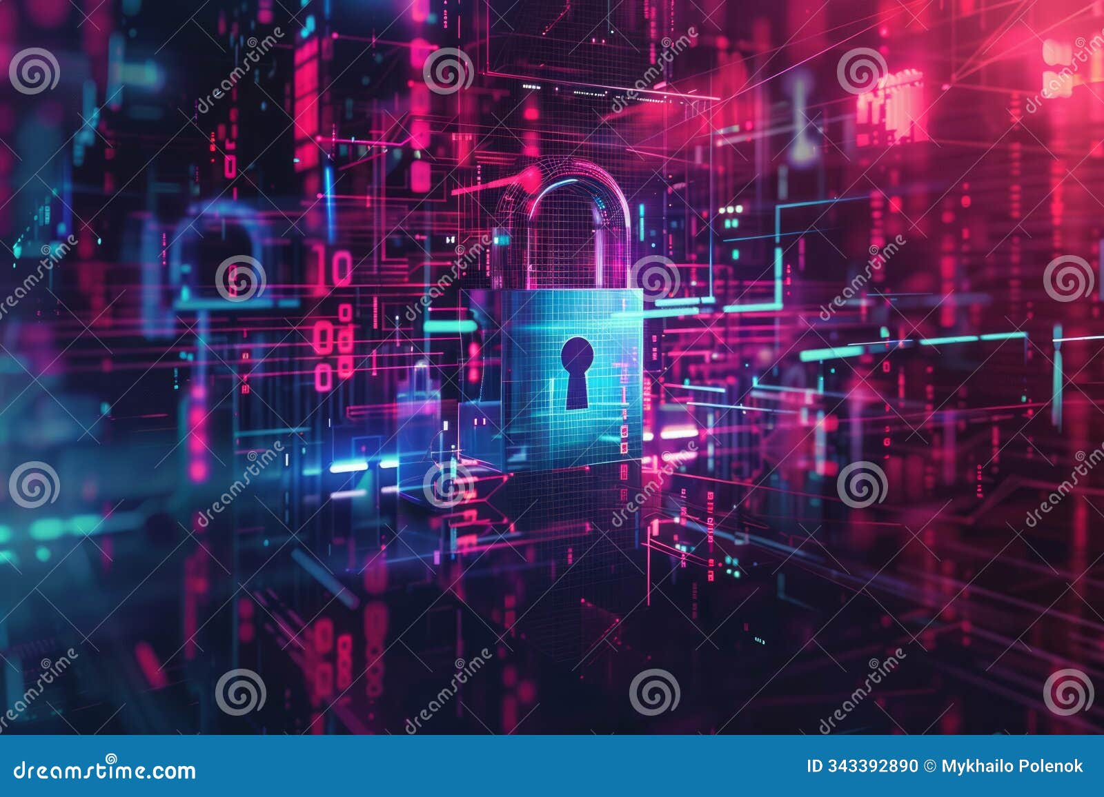Cyber Security Lock Glowing in Dark Red and Blue Cyberspace Chip ...