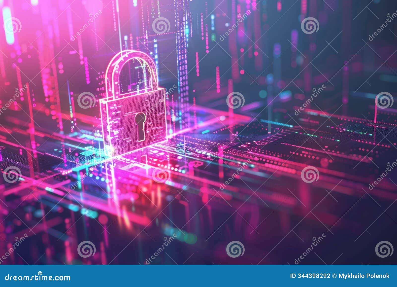 Cyber Security Lock Glowing in Dark Red and Blue Cyberspace Chip ...