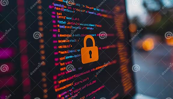 Cyber Security Lock, Programming Code Background, Digital Protection, Encryption Concept. Stock ...