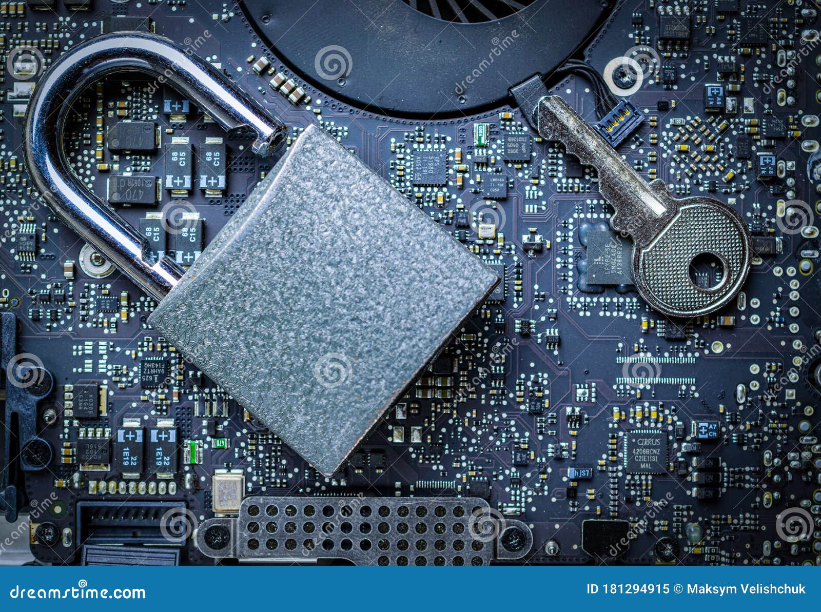 Cyber Security Lock Security Computer Data Internet Protection With Lock Key On Microscheme