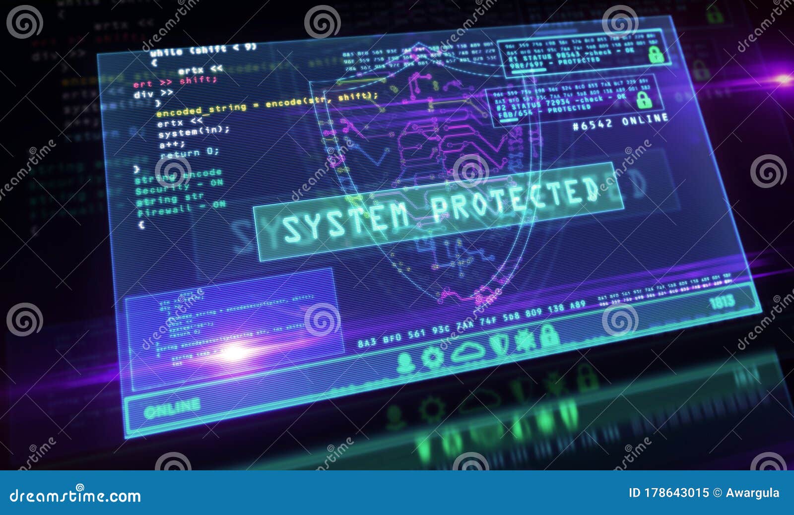 Cyber Security with Shield Symbol Alert on Screen Stock Illustration ...