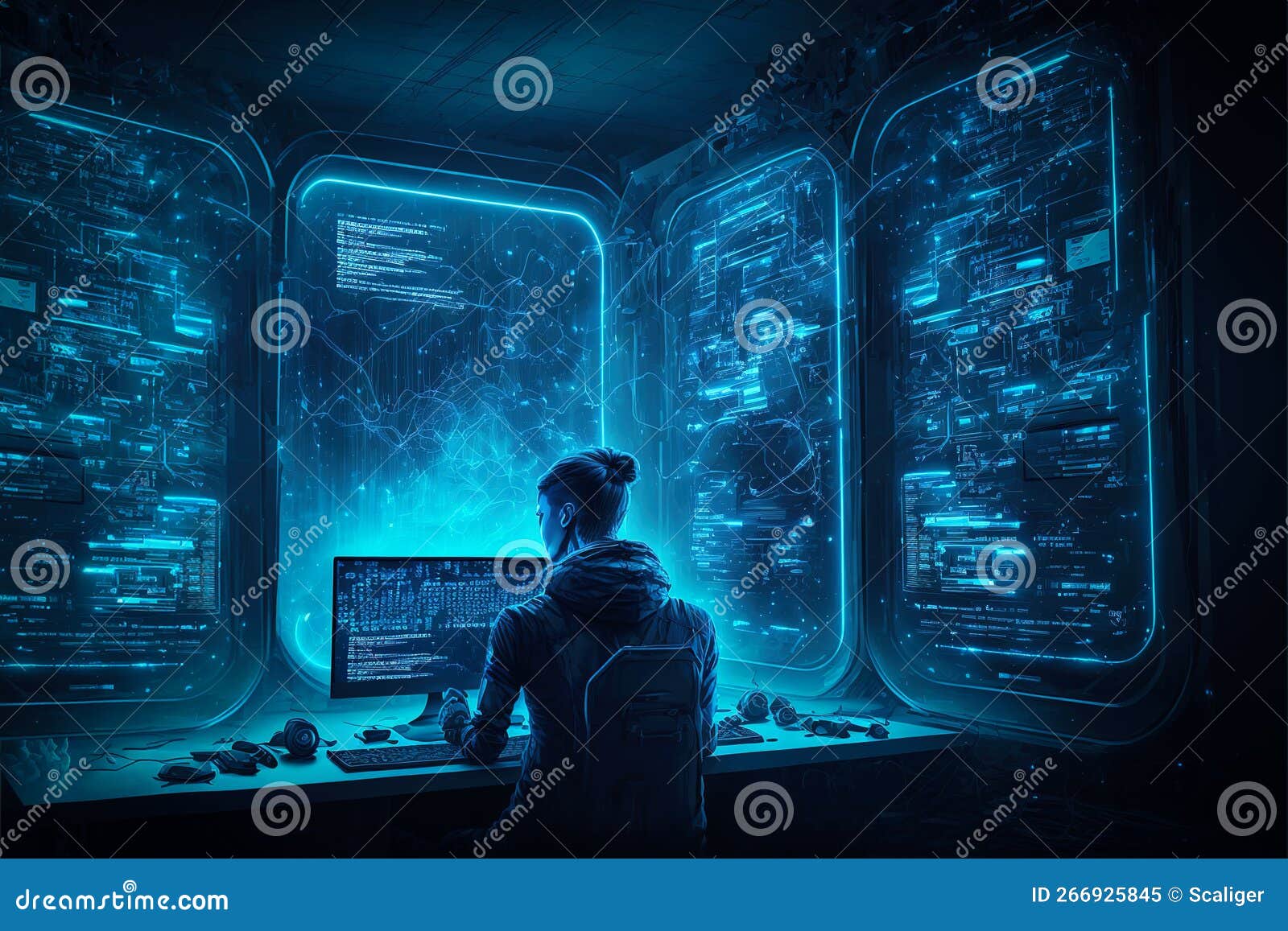 Cyber Security Operator or Hacker Works with Data in Dark Room ...
