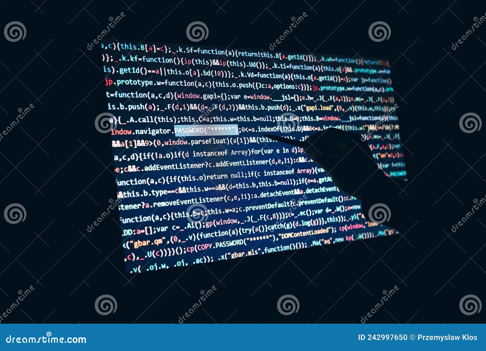 Cyber Security Screen With Program Code Using Computer And Programming To Break Code Person