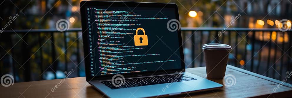 Cyber Security Software Development With Code On Screen And Padlock Icon At Dusk Secure