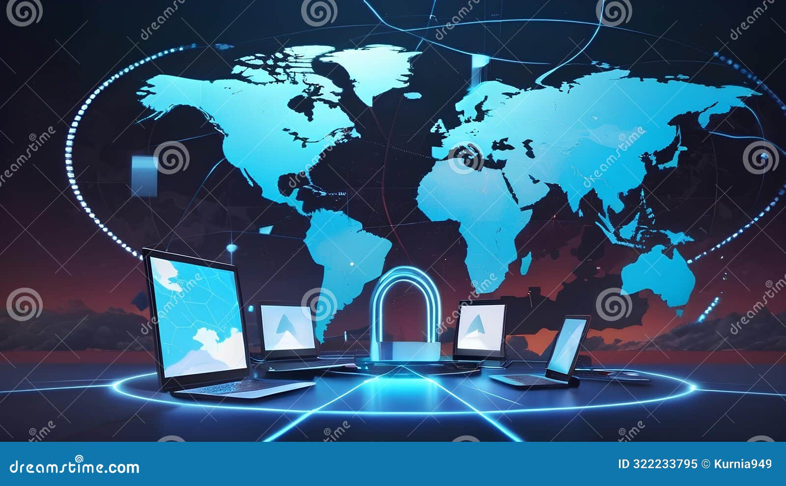 Cyber Security System with Computer, Padlock, and Global Map Stock ...