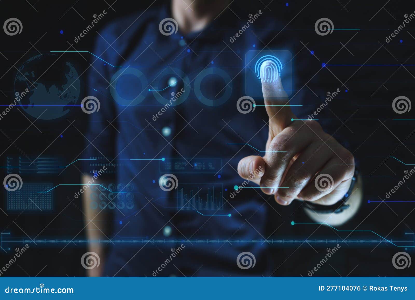 Cyber Security Technology Concept. Man Points Finger at Finger Print ...