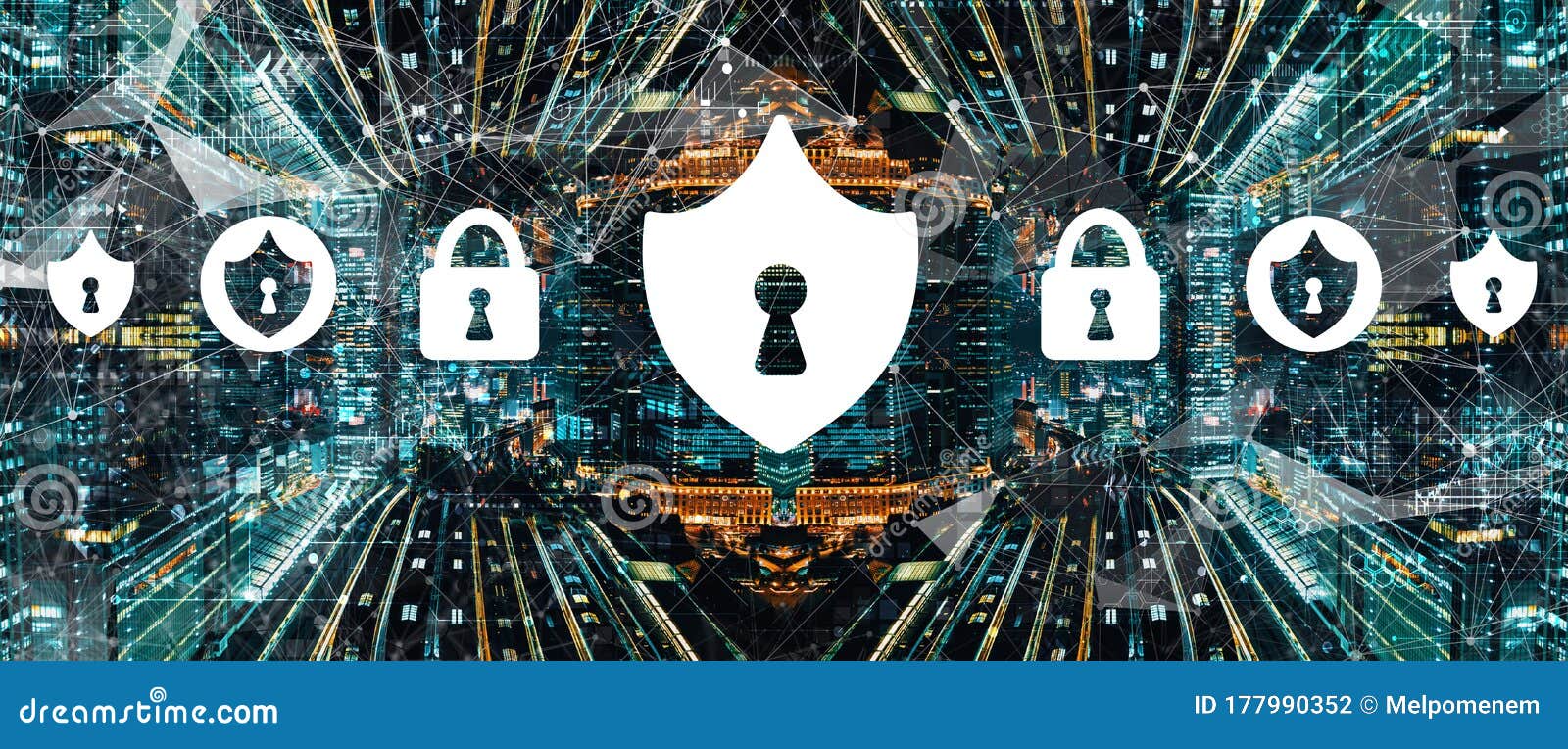 Cyber Security Theme with Abstract Night Cityscape Stock Photo - Image ...