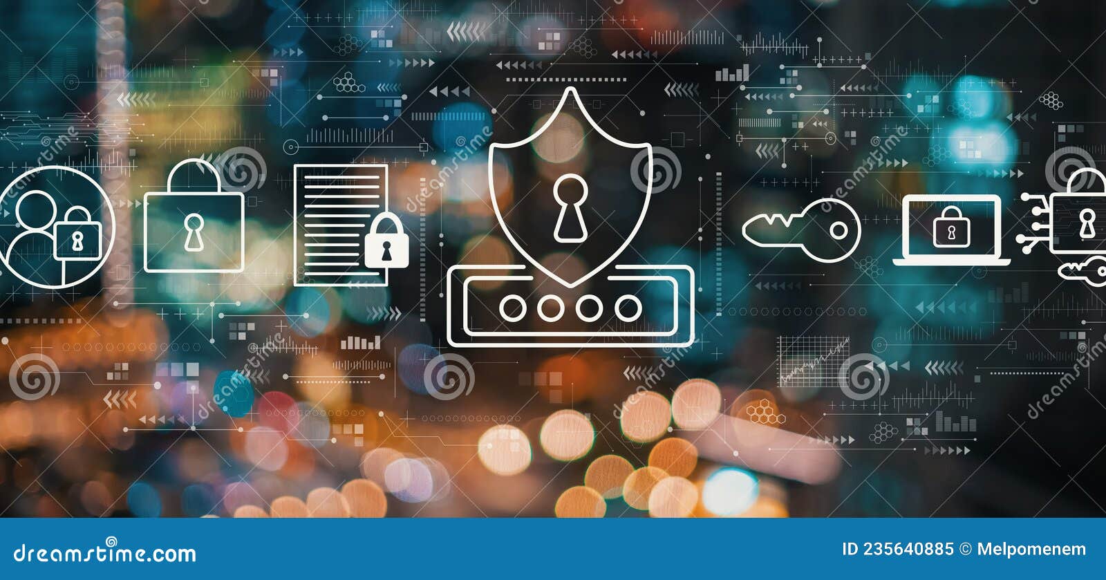 Cyber Security Theme with Blurred City Lights Stock Illustration ...