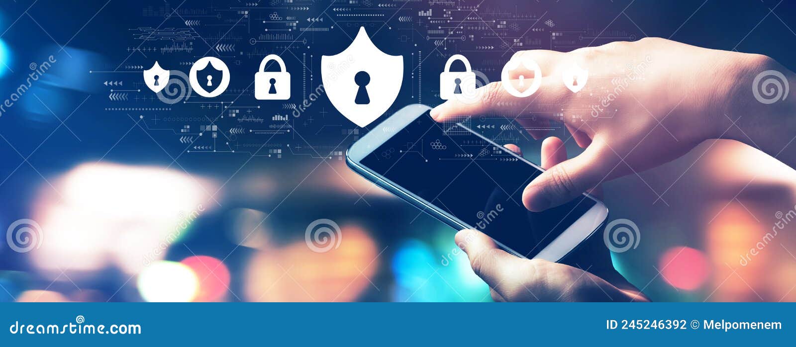 Cyber Security Theme with City Lights at Night Stock Photo - Image of ...