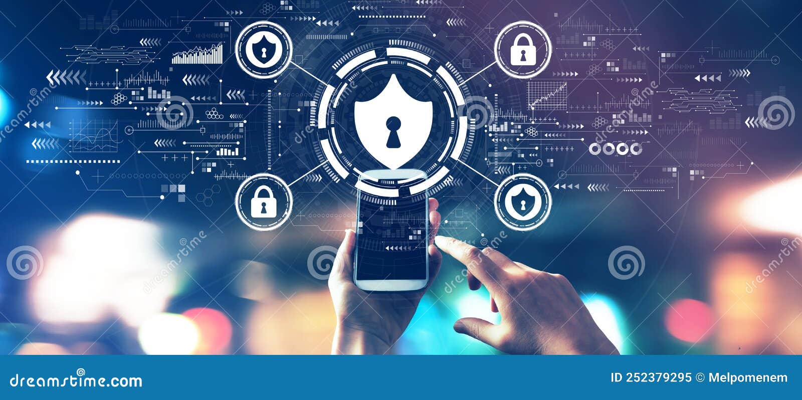 Cyber Security Theme with City Lights at Night Stock Image - Image of ...