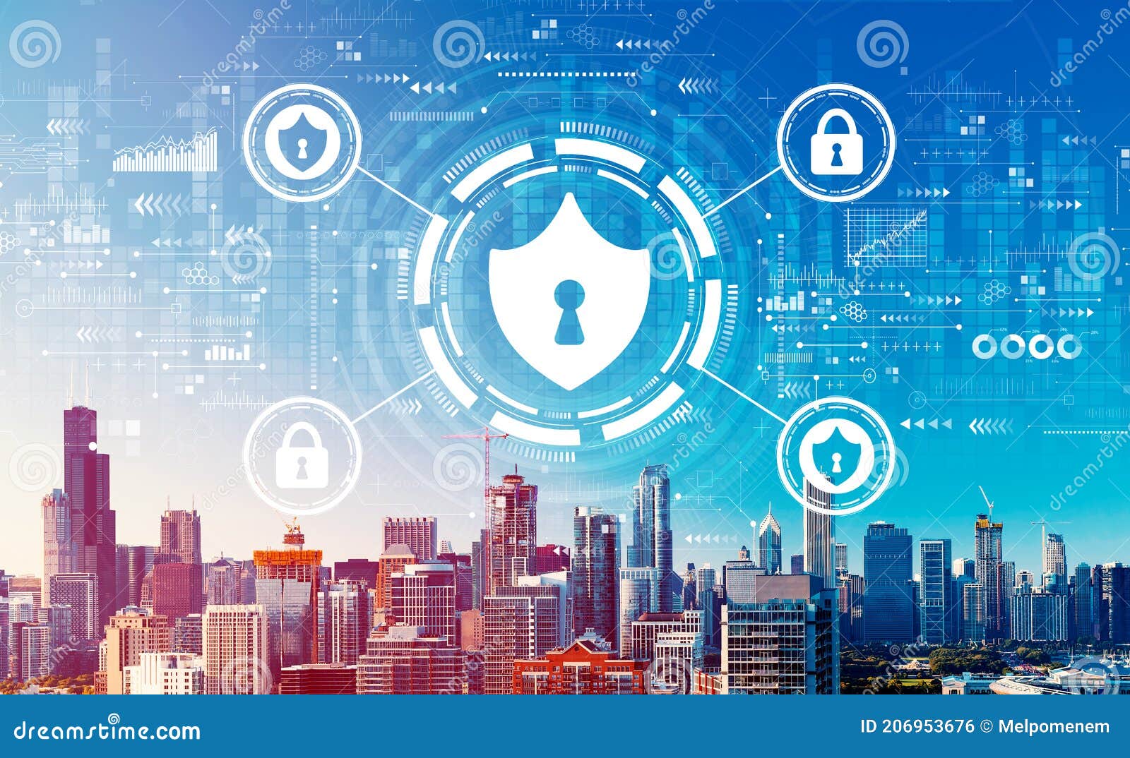 Cyber Security Theme with Downtown Chicago Cityscape Stock Photo ...