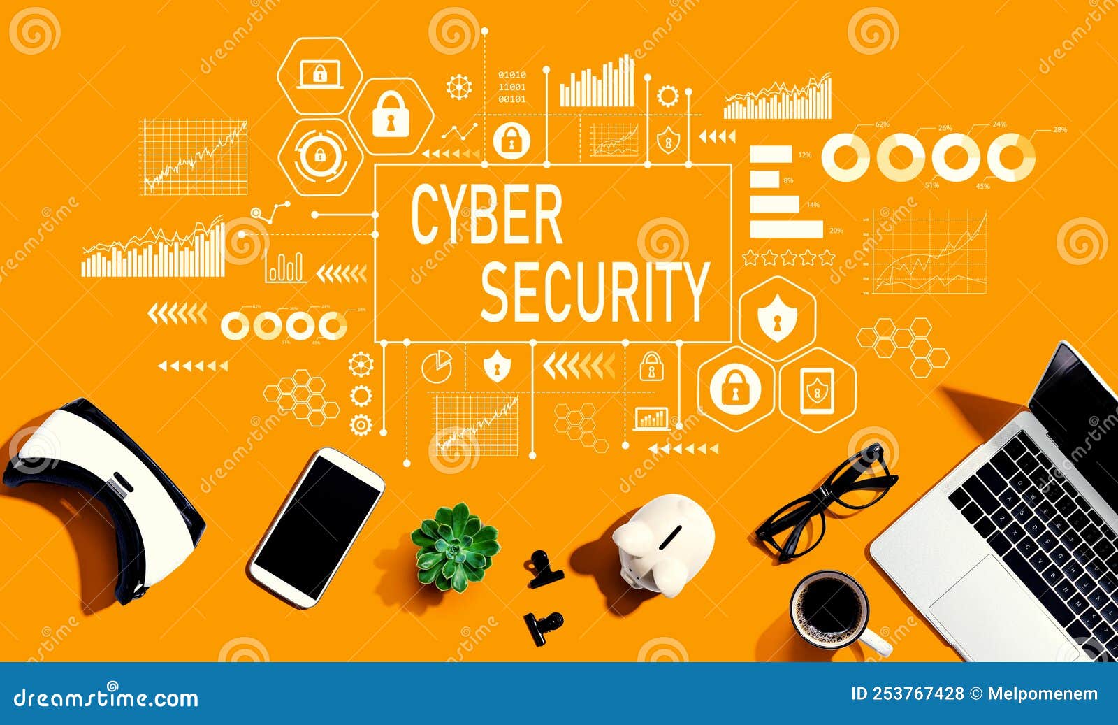 Cyber Security Theme with Electronic Gadgets and Office Supplies Stock ...