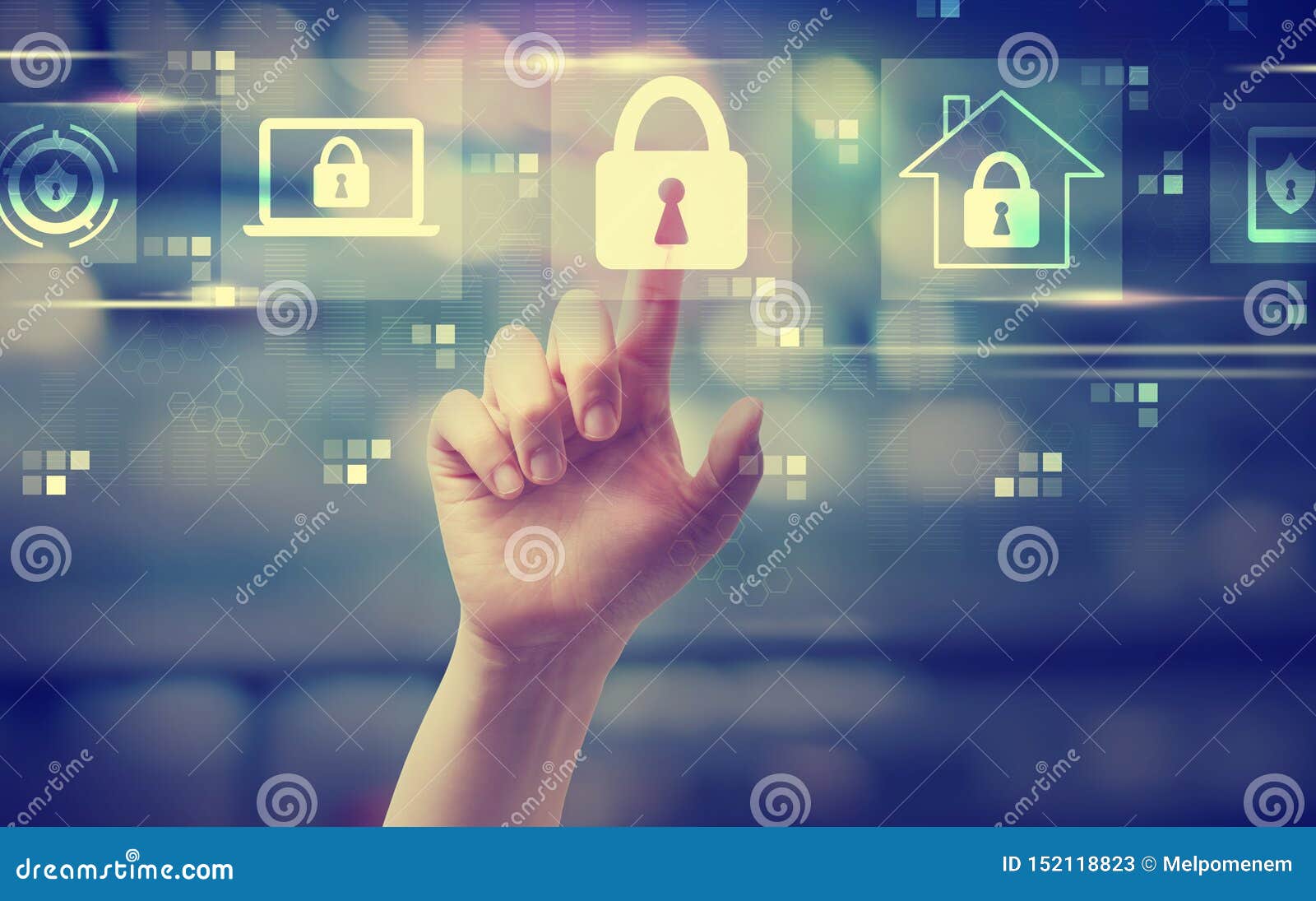 Cyber Security Theme with Hand Pressing a Button Stock Illustration ...