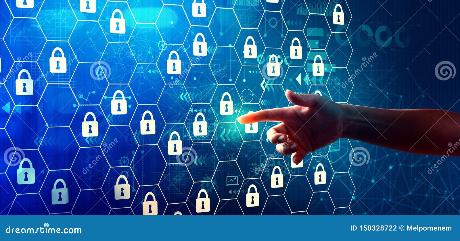 Cyber Security Theme with Hand Pressing a Button Stock Illustration ...