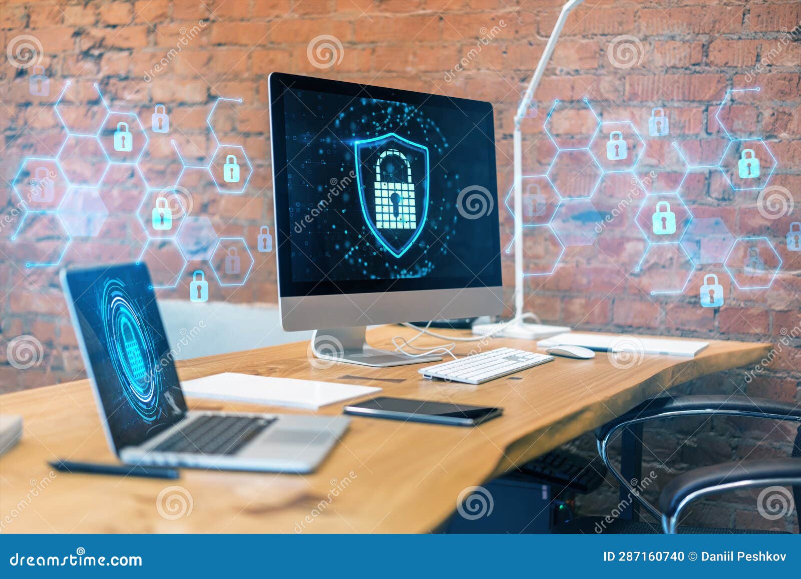 Cyber Security Theme Hologram on Computer Screen. Concept of Data ...