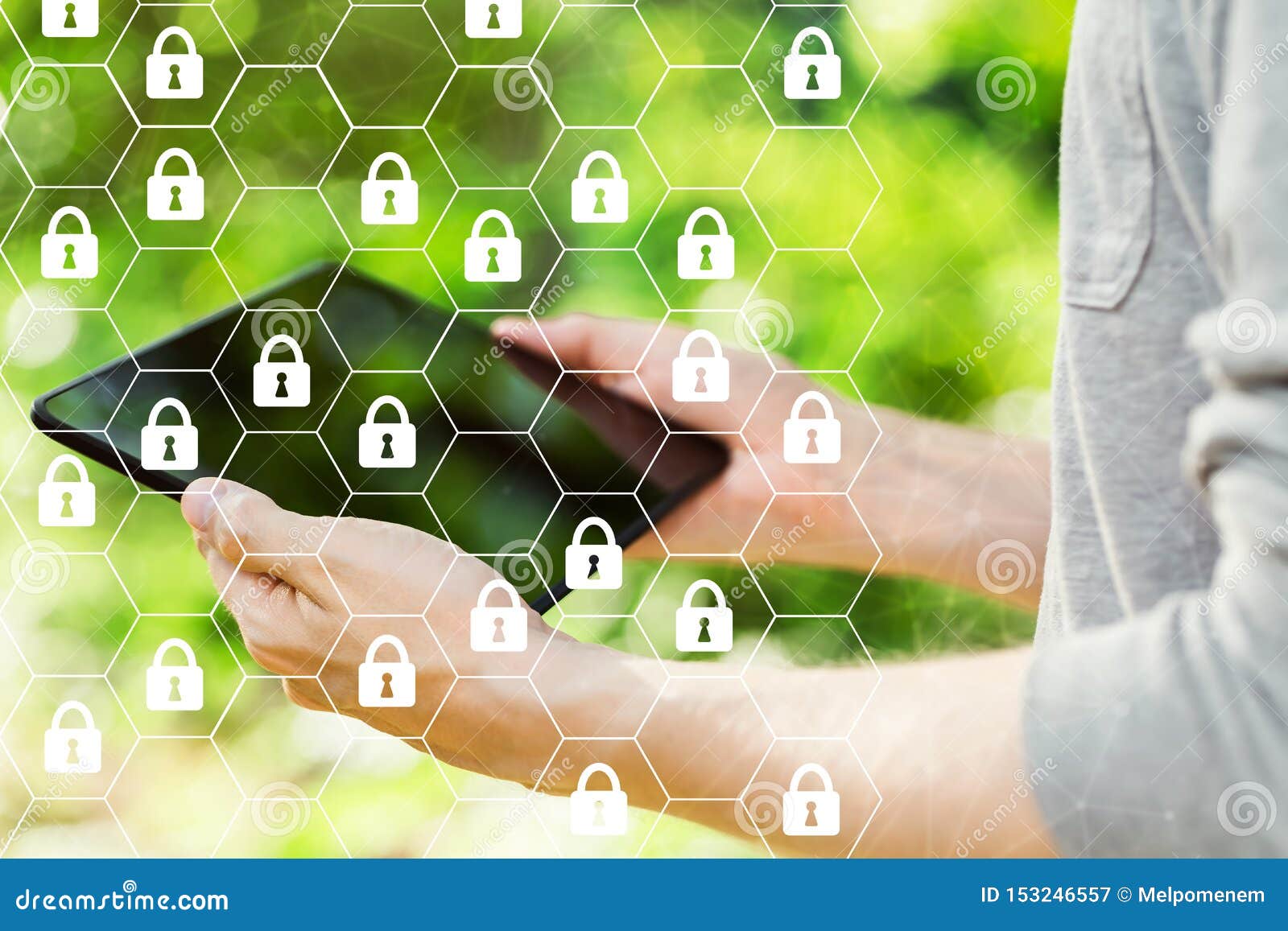 Cyber Security Theme with Man Holding His Tablet Stock Image - Image of ...